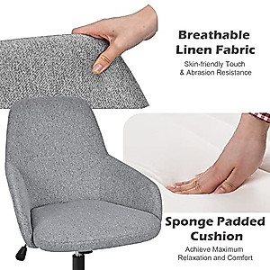 Giantex Fabric Office Chair, Upholstered Linen Leisure Chair, Ergonomic Desk Chair w/Rocking Backrest, Modern Vanity Chair, Swivel Adjustable Task Chair for Bedroom & Study (Grey)