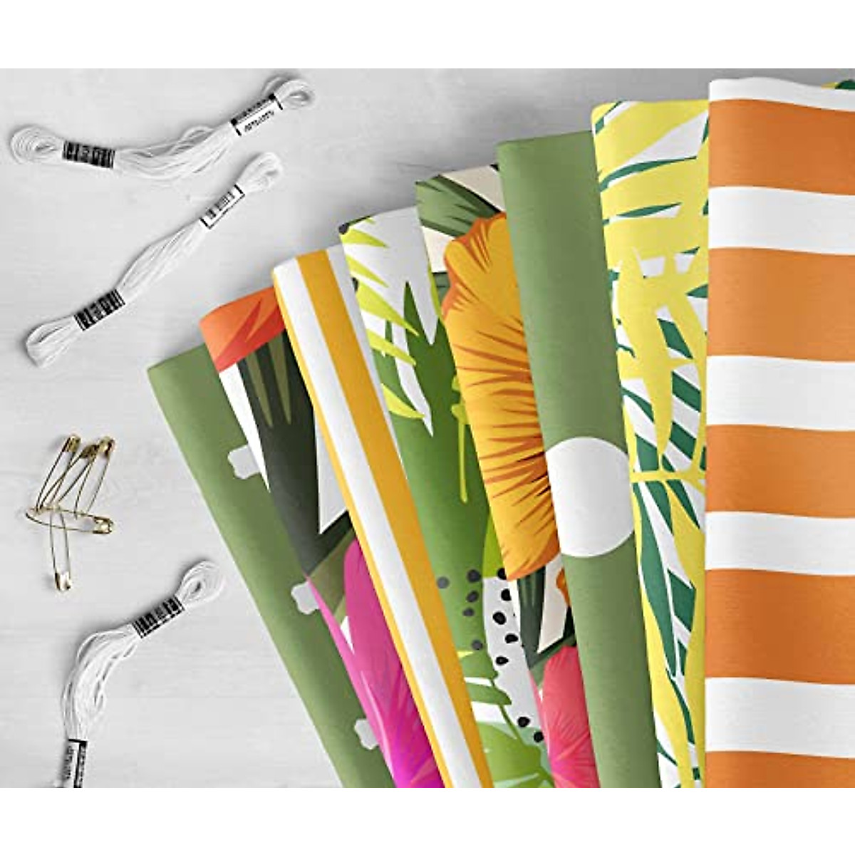 Soimoi 8 Pc Fat Quarter Bundle - Tropical Print 18"x 22" DIY Patchwork- 100% Cotton Pre-Cut Quilting Fabric (Green & Orange)