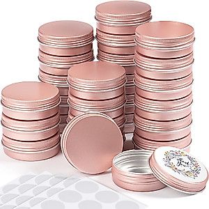 2 oz Metal Round Tins Aluminum Tin Cans Salve Tins Containers with Screw Lid 10 Sheets Stickers for Salve Spice Candies Balms Candles (Rose Gold)