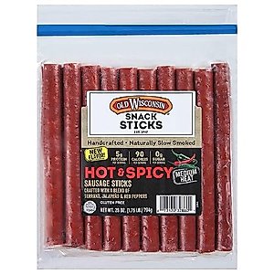 Old Wisconsin Hot & Spicy Sausage Snack Sticks, 28oz Resealable Package, Naturally Smoked, Ready to Eat, High Protein, Low Carb, Keto, Gluten Free