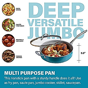 Gotham Steel Nonstick 5.5 Quart Sauté Pan with Lid, Ceramic Jumbo Cooker Fry Pan with Glass Lid, Stay Cool Handle + Helper Handle, Oven, Stovetop & Dishwasher Safe, 100% PFOA Free, Aqua Blue