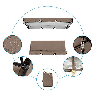 general3 Patio Waterproof Swing Canopy Cover Set, 2 Seats Top Cover+ Swing Cushion Cover, Courtyard Swing Chair Seat Pads Cover Replacement Outdoor Sunscreen Protection Cover (Coffee, 64.5x45 x6'')