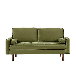Container Furniture Direct Velvet 58" Loveseat Sofa Couch for Living Room, Classic Mid-Century Style with Modern Silhouette, Button Tufting and Wood Legs, Includes 2 Bolster Pillows, Olive Green