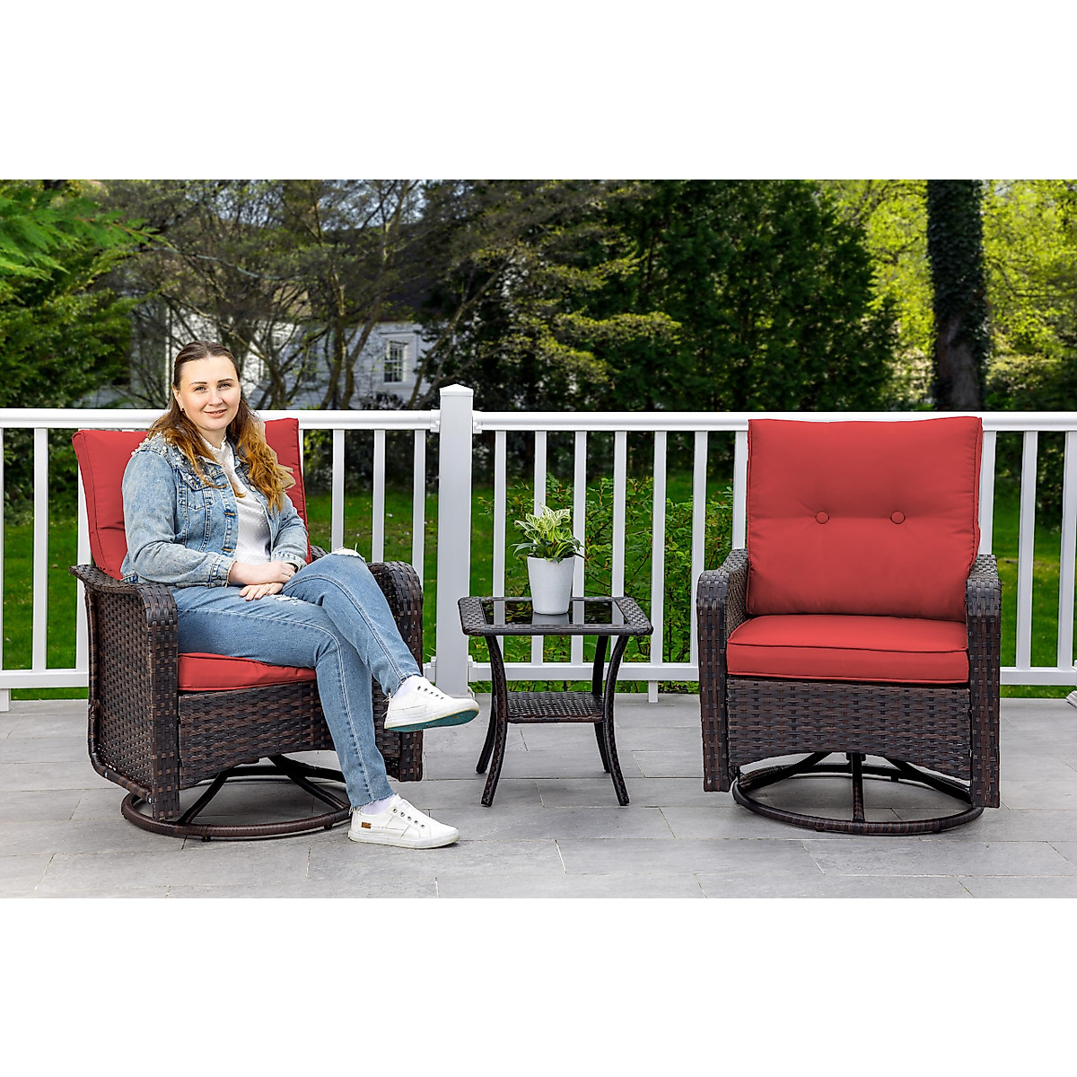 Gotland 3 Pieces Patio Swivel Rocker Wicker Chairs-Outdoor Swivel Rocking Chairs with 1 Rattan Coffee Table&2 Red Thickened Cushions Outdoor Furniture Conversation Sets for Patio Porch Garden