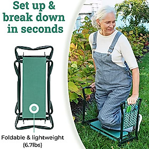 Garden Kneeler And Stool - Foldable Garden Seat For Storage - EVA Foam - Heavy Duty and Lightweight Gardening Yard Tools - Great for Gardening Gifts for Women - Bench Comes With Tool Pouch and Gloves