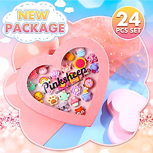 PinkSheep Little Girl Jewel Rings in Box, Adjustable, No Duplication, Girl Pretend Play and Dress Up Rings (24 Surface Ring)