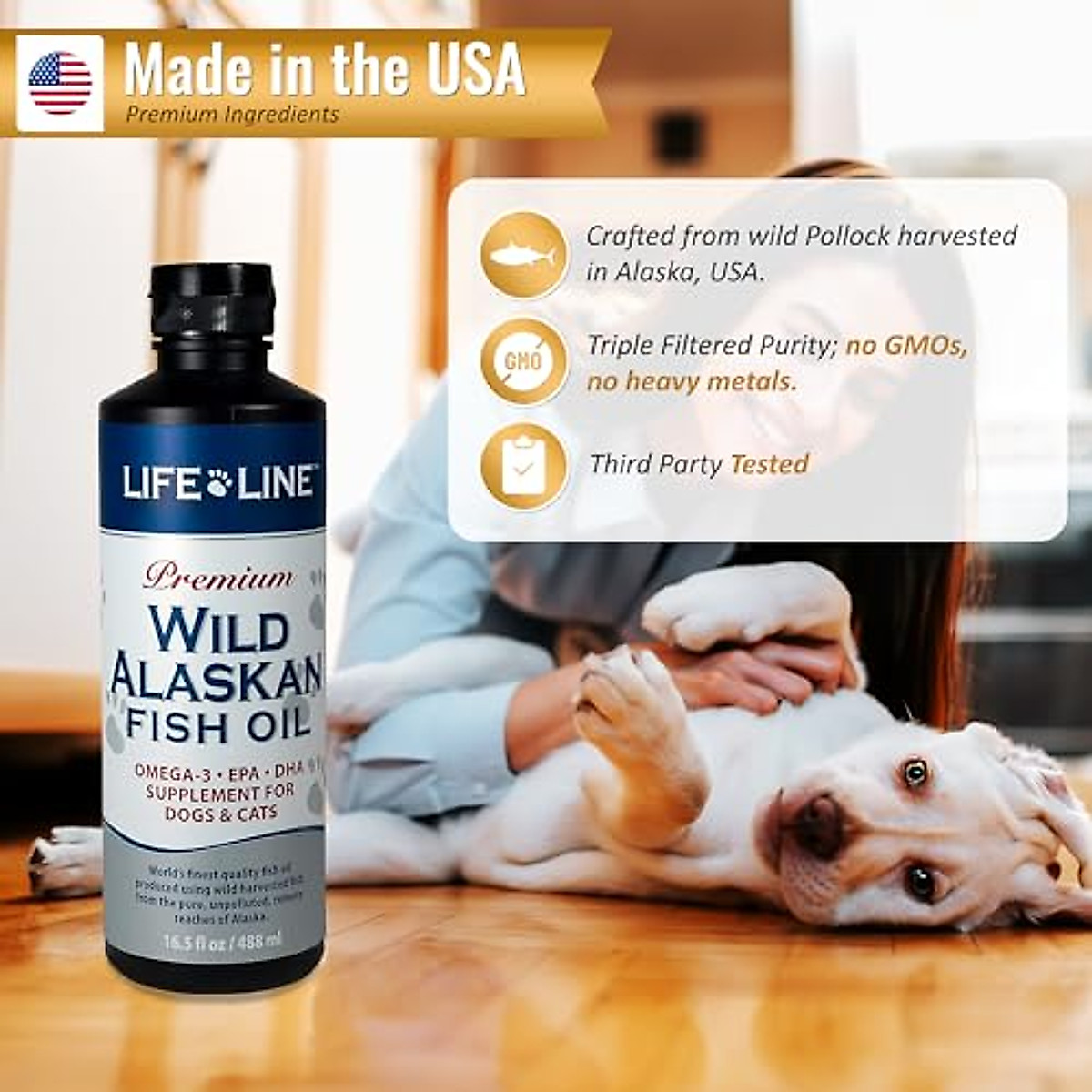 Life Line Pet Nutrition Wild Alaskan Fish Oil Omega-3 Supplement for Skin & Coat – Supports Brain, Eye & Heart Health in Dogs & Cats, 16.5oz