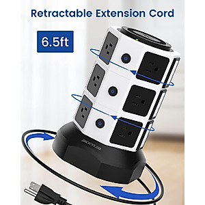 Power Strip Tower with Wireless Charger - Surge Protector with USB, JACKYLED Electric Outlet 13A 10 AC Outlets 4 USB Ports 6.5ft Extension Cord for School Dorm Office Home Desktop Computer White Black