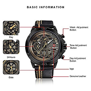 NAVIFORCE Sport Military Watches for Men Waterproof Watch Analog Quartz Leather Band Date Calendar Clock Wristwatch