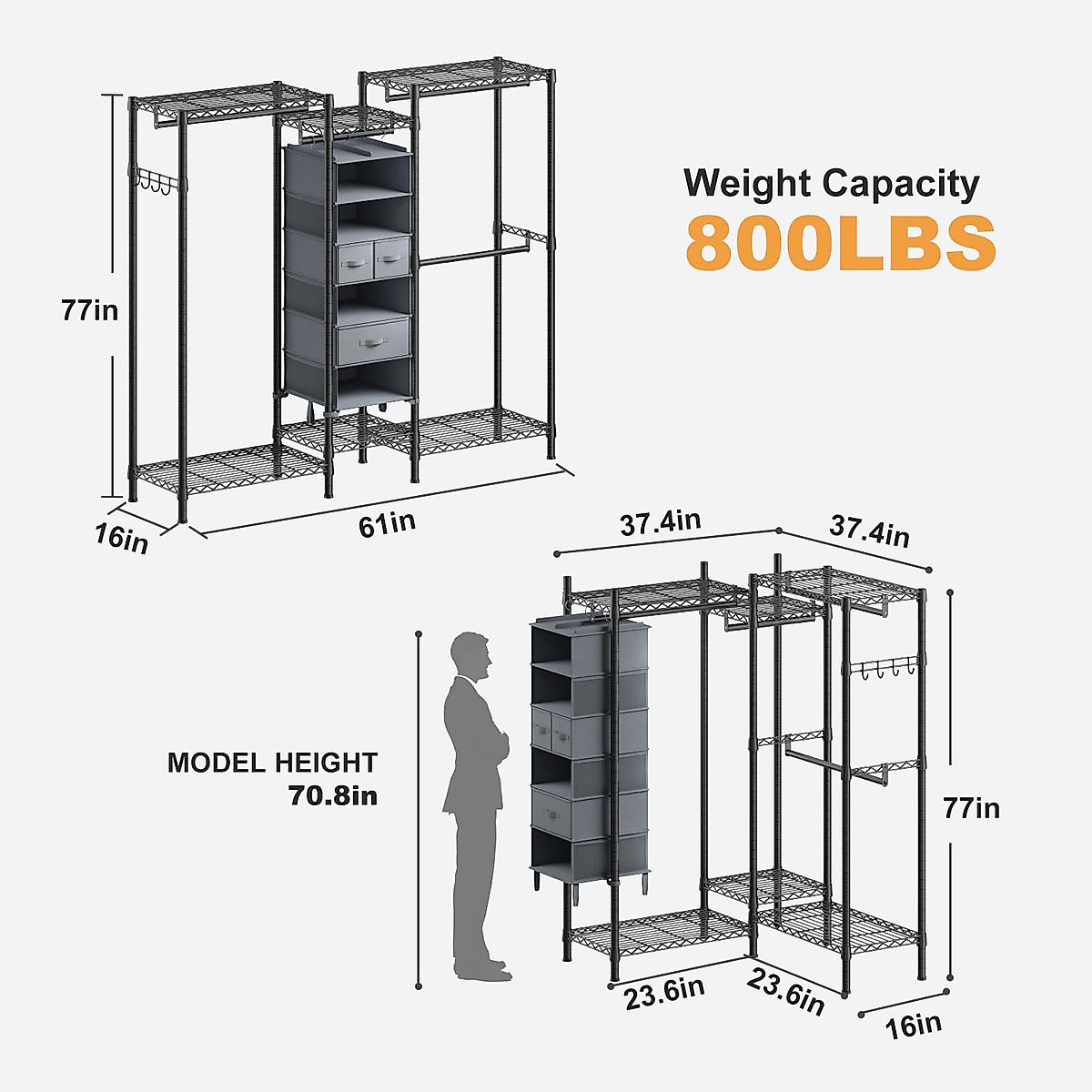 Raybee Clothes Rack, Clothing Racks for Hanging Clothes Heavy Duty Clothing Rack 800LBS Adjustable Clothes Racks for Hanging Clothes Metal Wire Garment Rack with 7 Drawers, Portable Closet Rack, Black