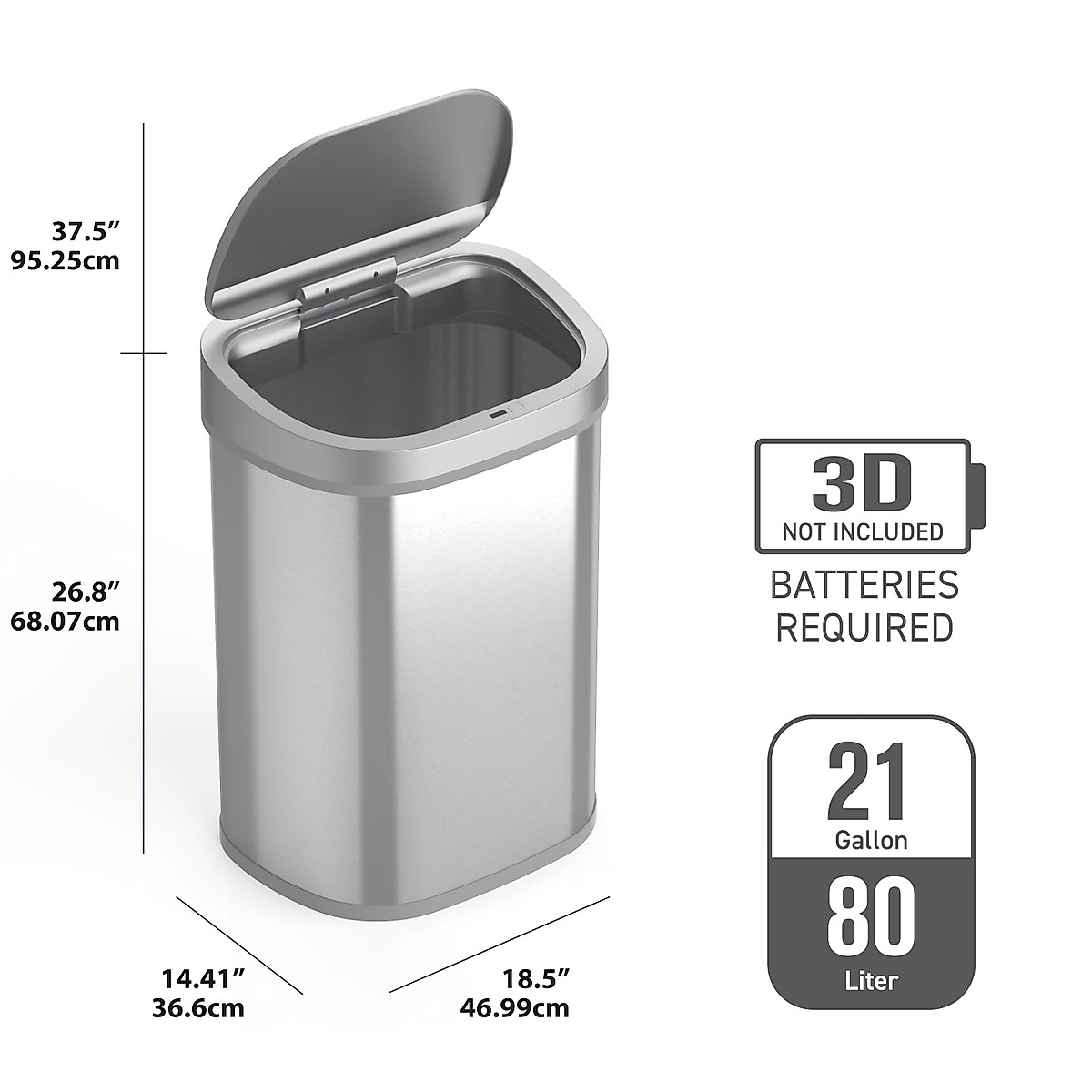 Ninestars 21 Gallons Automatic Large Kitchen Trash Can with Lid, Motion Sensor Trash Can for Kitchen, LivingRoom, Office, 80 Liter X Large Touchless Stainless Steel Garbage Bin (Rectangular)