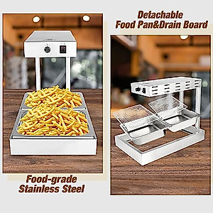 Restlrious French Fry Warmer Commercial Heat Lamp Food Warmer, Free Standing Electric Infrared Heating Dump Station, 500W Stainless Steel Food Warming Light w/2 Half Size Food Pan for Fries 4” Deep