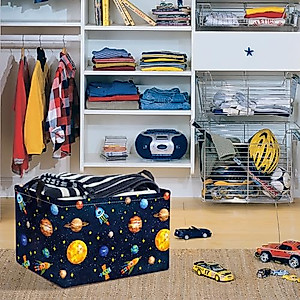 Clastyle Black Outer Space Planet Shelf Basket Cosmic Rocket Stars Toy Nursery Storage Bin Foldable Rectangle Clothes Books Storage Cube, 21 L