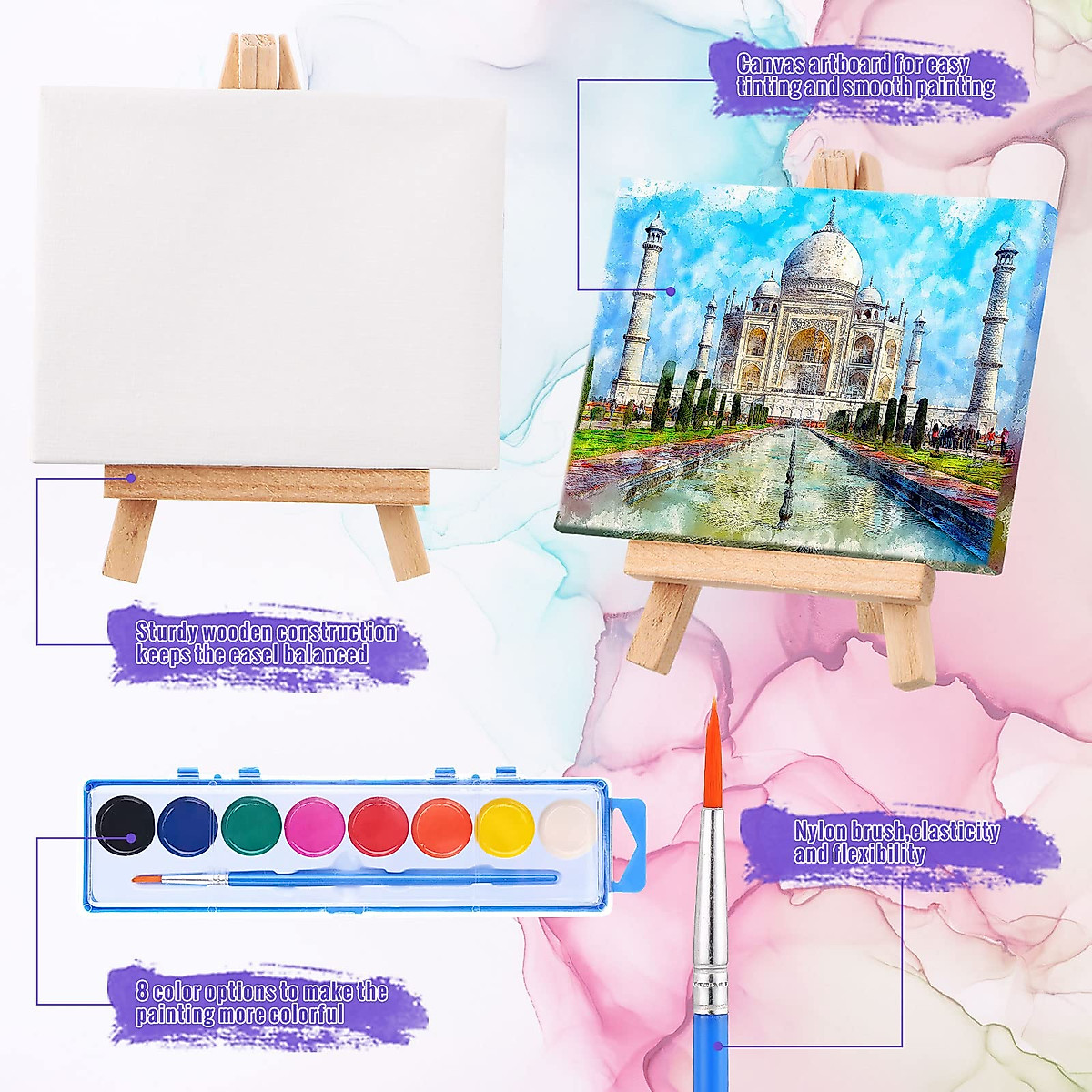 Fuutreo Watercolor Paint Sets 3x4 Mini Canvas Easel Paints Brush Set Kids Art Party Favors and Party Supplies Watercolor Paint Favors Washable Bulk for Kids Birthday Prizes(48 Pcs)