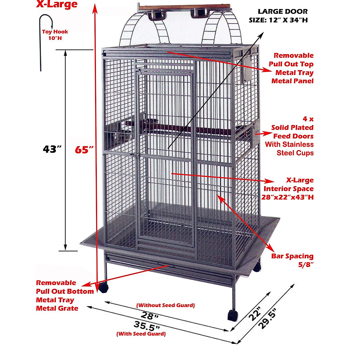 4-Size/2-Color; Extra Large Elegant Durable Play Top Bird Cage Parrot Finch Macaw Cockatoo Bird Wrought Iron Cage (White-Vein)