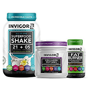 INVIGOR8 Superfood Shake (French Vanilla) Whey Protein Shake + Collagen Peptides + Fatburner Bundle