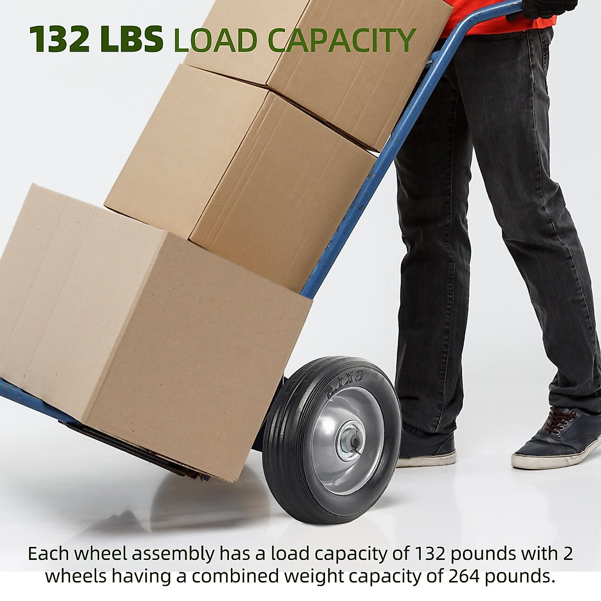 (2-Pack) AR-PRO 6” x 1.5” Flat Free Solid Rubber Wheel Assemblies - Replacement Hand Truck Wheels with Ball Bearings and 5/8” Bore Hole Diameter - Heavy-Duty Solid Rubber Wheels 132 lbs Load Capacity