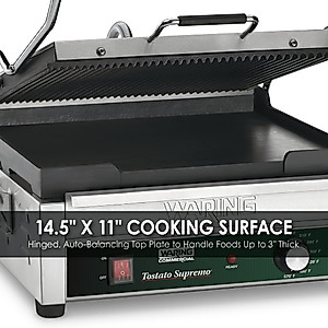 Waring Commercial WDG250 Tostato Supremo Ribbed Top Plate and Flat Bottom Plate Large Surface Panini Grill, 120 V, 1800W, 5-15 Phase Plug
