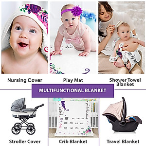 Baby Monthly Milestone Blanket Girl - Extra Soft, Large (60"X40") Thick Fleece - Baby Growth Chart Blanket - Baby Age Blanket for Photos - Baby Month Blanket - Includes Headband, Floral Wreath, Frame