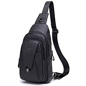 BULLCAPTAIN Genuine Leather Men Sling Crossbody Bag Backpack Outdoor Hiking Travel Chest Bag Daypack (Black)