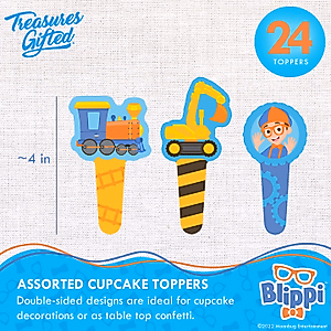 Treasures Gifted Officially Licensed Blippi Cupcake Toppers & Wrappers 24ct - Blippi Cake Decorations - Blippi Excavator Cupcake Set - Blippi Birthday Party Supplies - Blippi Cake Toppers