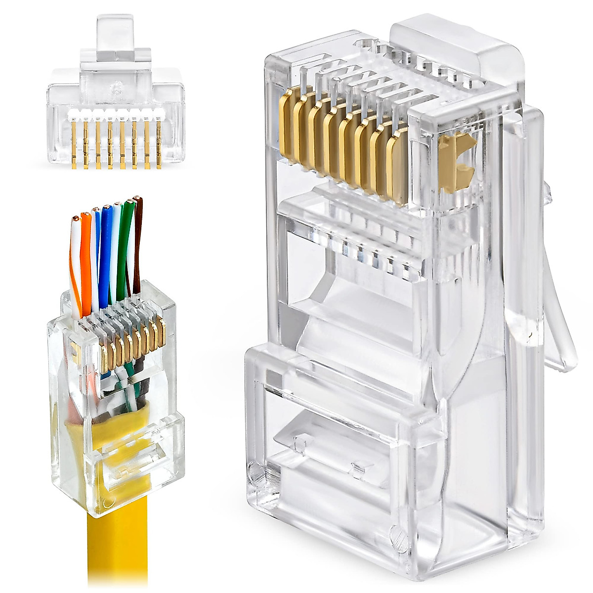 GTZ Cat6 RJ45 Pass Through Connector 100-Pack - EZ Cat 6 Pass Through RJ45 Connectors - cat 6 connectors - Ethernet Connector - Ethernet Plug - for Solid or Stranded UTP Network Cable