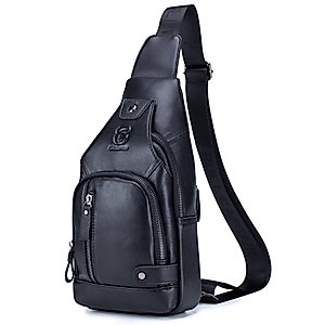 BULLCAPTAIN Genuine Leather Mens Sling Bag Multipurpose Travel Crossbody Chest Bag Daypacks with USB Charging Port (Black)