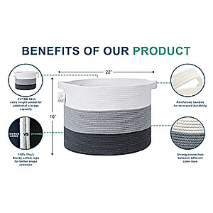 Nunus Home, Jumbo Woven Cotton Rope Basket (22"x22"x16") Blanket Basket, Blanket storage, Large Baskets for Blankets, Blanket Basket Living Room, Storage basket, Baskets for Organizing, Grey 3 shades