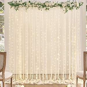 Champagne Backdrop Curtains with Lights String for Wedding Parties 10×10ft Sheer Tulle Backdrop Curtain for Bridal Shower Baby Shower Birthday Party Photo Shoot Background Decorations 2 Panels 5×10ft