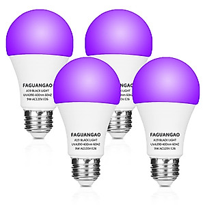 FAGUANGAO LED Black Light Bulb,9W(75Watt Equivalent) A19 UV Blacklight Bulb,120V,UVA Level 390-400nm,E26 Medium Base,Glow in The Dark for Blacklight Party,Fluorescent Poster,Neon Glow,4 Pack