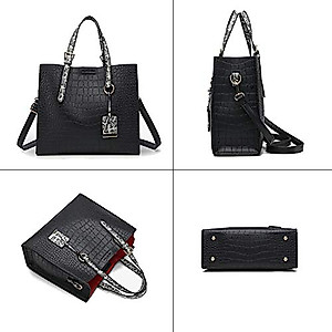 Women Fashion Crocodile Pattern Handbag Snakeskin Top Handle Tote Purse Shoulder Crossbody Bag, Black