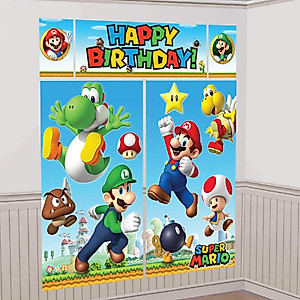 Super Mario Happy Birthday Giant Scene Setters Wall Decorating Kit Party Backdrop, 5 Pieces, Made from Vinyl, Multicolor, 59" x 65" by Amscan