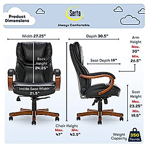 Serta Big and Tall Executive Office Chair with Wood Accents Adjustable High Back Ergonomic Lumbar Support, Bonded Leather, 30.5D x 27.25W x 47H in, Black