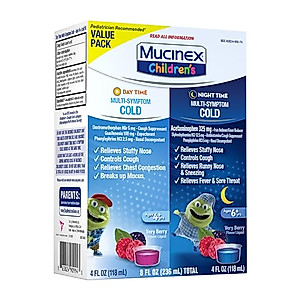 Mucinex Children's Day & Night Combo Pack, Kids Cold Medicine / Kids Cough Medicine, Daytime Cold Medicine & Night Time Cold and Flu Medicine, Mucinex Kids Medicine, Berry Flavor Liquid (2 X 4 Fl Oz)
