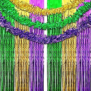 9 Pieces Mardi Gras Party Decoration Gold Purple Green Metallic Foil Curtains Mardi Gras Fringe Curtains Shimmer Curtain Tinsel Garland for Carnival Bunting Party Decoration
