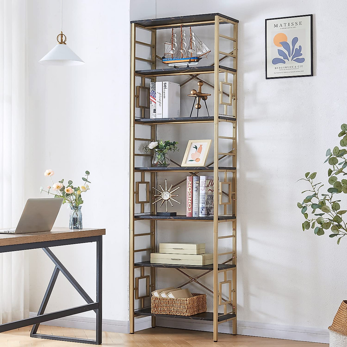 HOMISSUE Bookcase,7-Tier Tall Bookshelf Metal Bookcase and Bookshelves, Free Standing Storage Modern Bookshelf for Home Office Living Room and Bedroom, Black & Gold