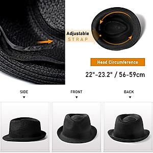 Womens Short Brim Straw Sun Hat Fedora Trilby Hat Panama Men Roll Up Packable Beach Hats… Black