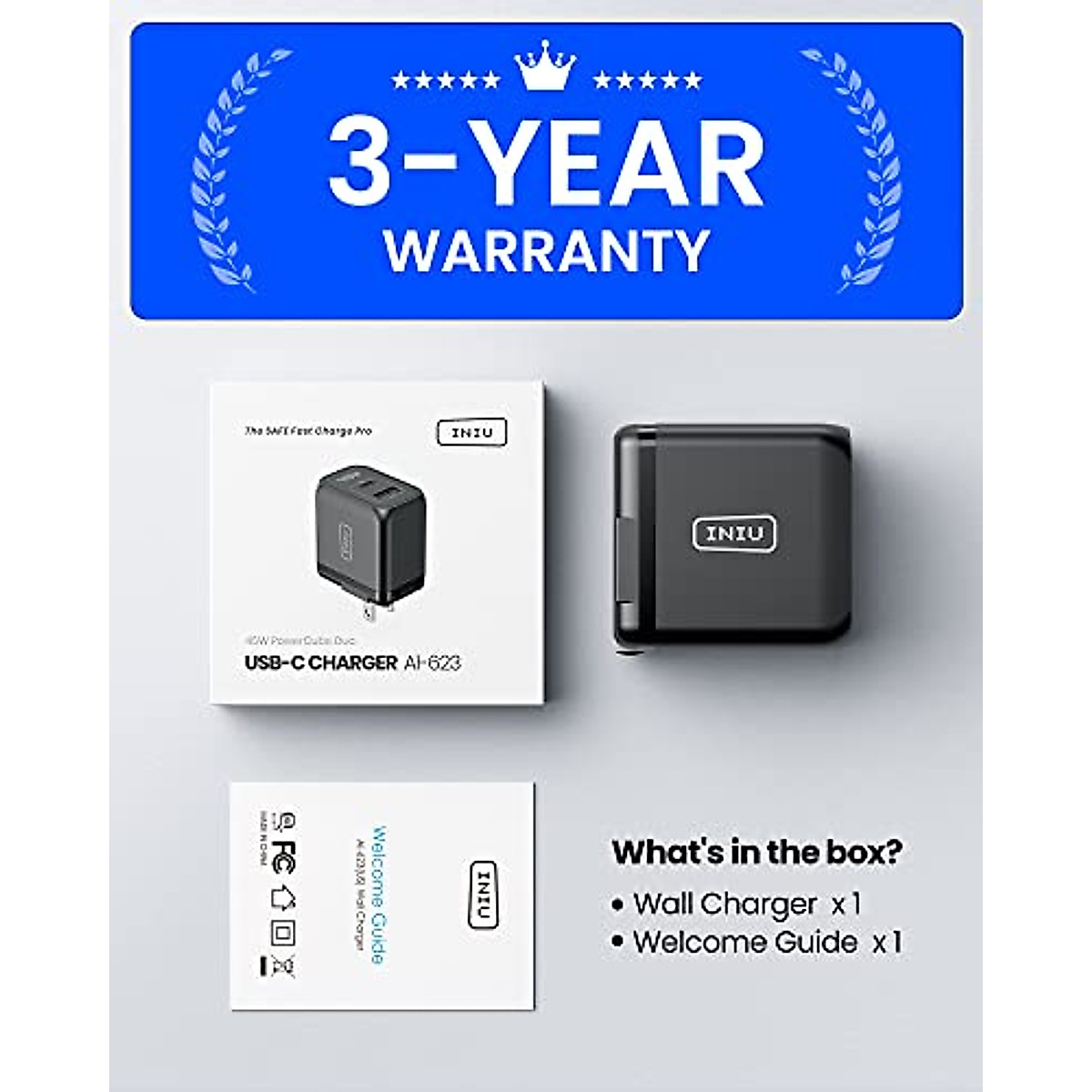 USB A & USB C Charger Block, INIU 45W PD QC3.0 PPS USB-C Foldable Wall Charger Supports Super Fast Charging for Samsung S23 Ultra S23 S22 S21 S20, iPhone 14 13 12, iPad, MacBook Air, Steam Deck