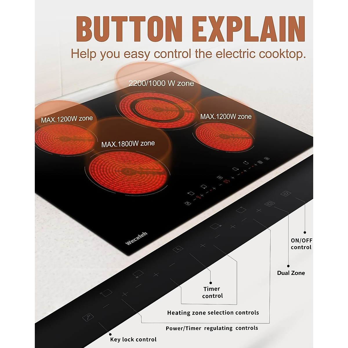 Weceleh Electric Cooktop 30 Inch, Built-in Ceramic Cooktops 6400W, Electric Stove Top with 4 Electric Burners, 9 Heating Level, Kid Safety Lock, Sensor Touch Control, 99Mins Timer, 220-240V (NO PLUG)