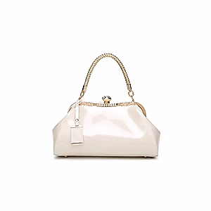 YAQUNICER Tote Bag Patent Leather Handbag for Women Top Handle Evening Bag Wedding Retro Purse-White