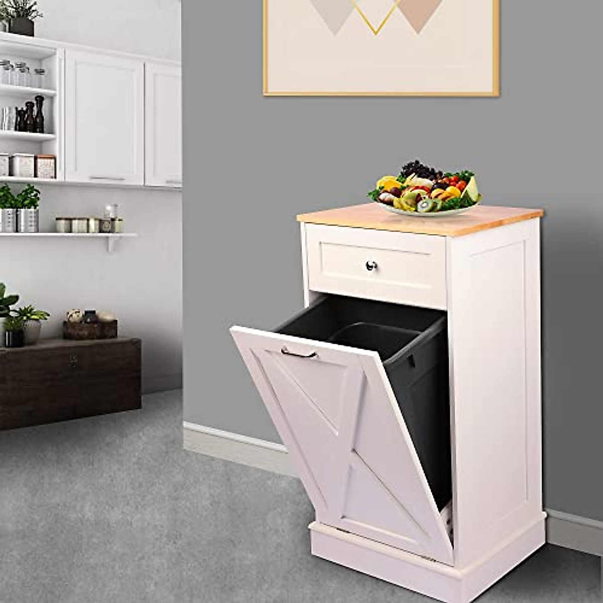 TOLEAD Tilt Out Trash Cabinet Free Standing 10 Gallon Recycling Trash Can Cabinet with Barn Door for Farmhouse Kitchen,Living Room, Dining Room, White