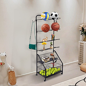 CNCEST 36.1x16.54x46.5inch Movable Sports Ball Storage Organizer, Sports Equipment Rack,2 Hooks+2 Storage Bins +4 Wire Basket Garage Glove Holder,for Garage/Storage Room