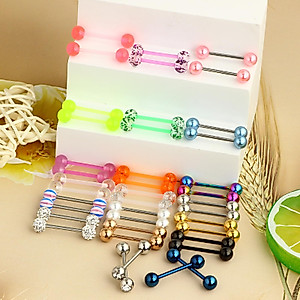 Suotarn 40pcs 14G Mix-Color Stainless Steel Straight Barbell Tongue Rings Bars Piercing 5/8" Length Acrylic Glow In Dark Flexible Retainer Body Jewelry For Women Men