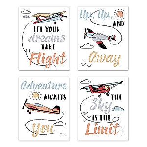 Sweet Jojo Designs Vintage Airplane Wall Art Prints Room Decor for Baby Nursery Kids - Set of 4 - Grey Yellow Orange Red White Blue Airplanes Air Plane Transportation Clouds Sun Sky Aviator Aviation
