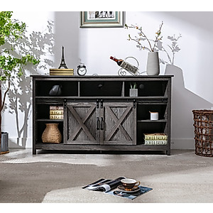 fancyqube Farmhouse Coffee Bar Cabinet, Rustic Sliding Barn Door Storage Cabinet with Power Outlet, Buffet Server Sideboard Cupboard Table for Dining Room Entryway Kitchen (Wash Grey)