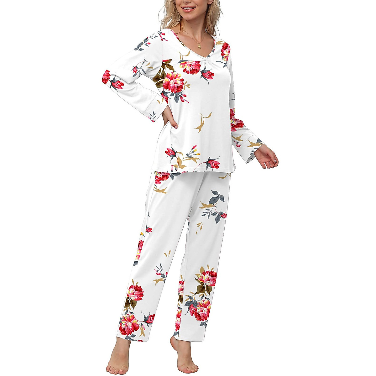 POKWAI Womens Pajama Sets Pajamas for Women Soft Comfy Casual Loose Pjs With Pockets(FP White,X-Large)