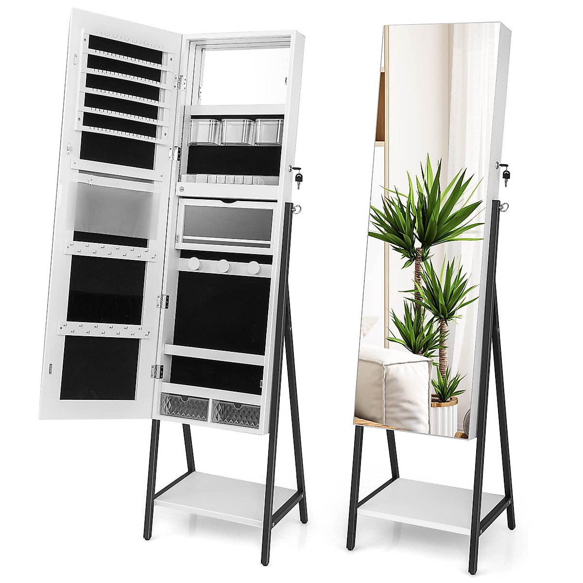 CHARMAID LED Strip Jewelry Armoire with 47.2" H Full Length Mirror, Lockable Jewelry Cabinet Organizer with 3-Color Lights, 3 Brush Boxes, 2 Drawers, Bottom Storage Shelf, Metal Frame (White)