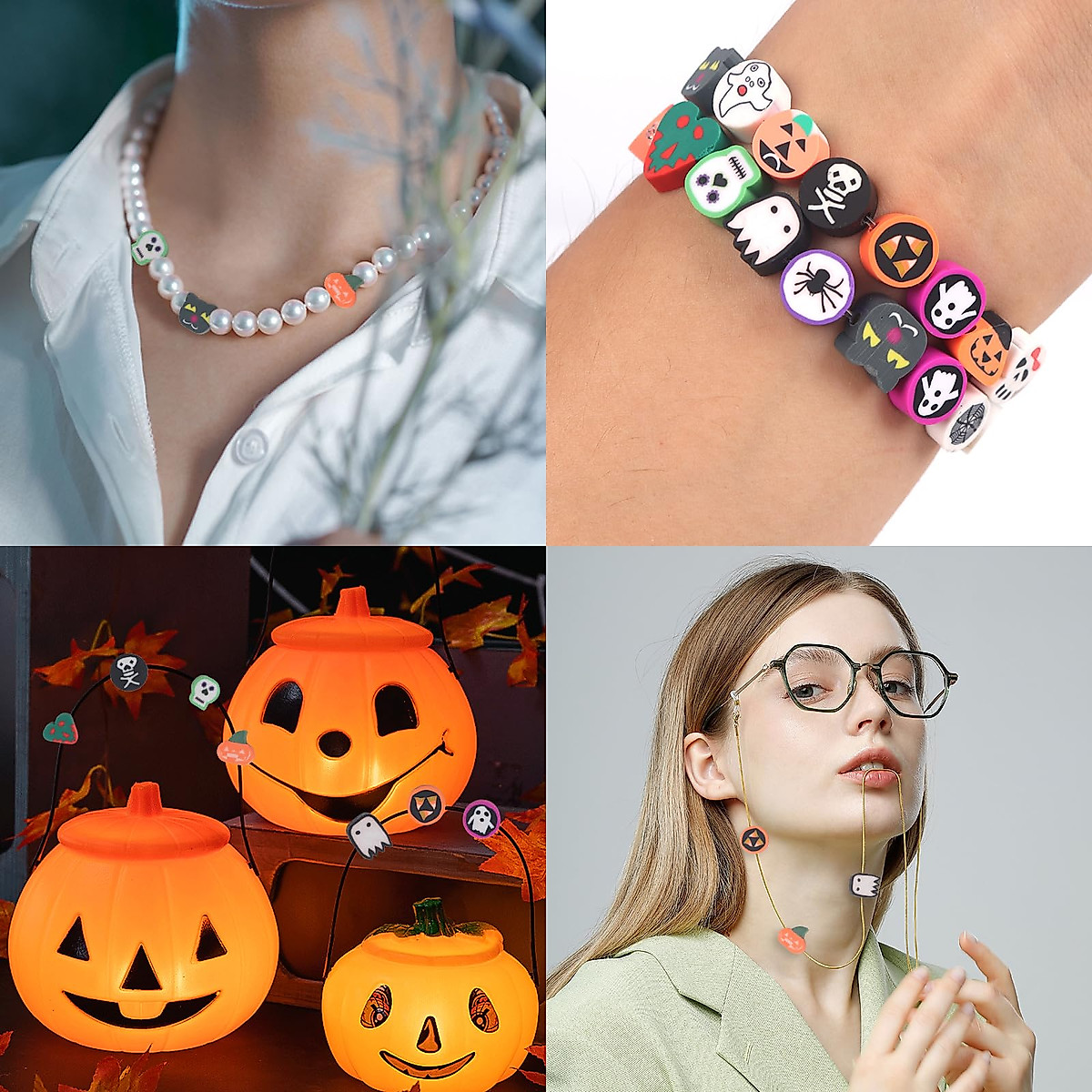 MAIOUSU STORE 200PCS Random Halloween Polymer Clay Beads Heishi Spacer Beads Fall Halloween Clay Bead Set Assorted Pumpkin Ghost Spider Bat Clay Beads for Bracelet Necklace Earring DIY