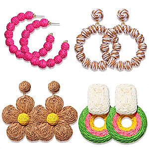 4 Pairs Raffia Earrings Boho Rattan Hoop Dangle Earrings for Women Handmade Straw Wicker Woven Earring Set Summer Beach Jewelry Gifts (4 Pairs Set C)