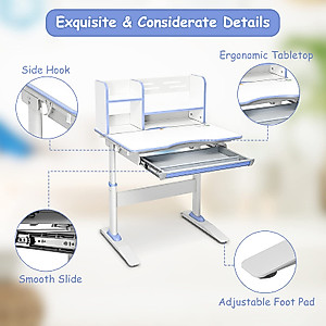 Costzon Kids Desk, Height Adjustable Children Study Desk w/Tilt Desktop, Storage Drawer, Book Shelf, Metal Hook, Writable Tabletop for Writing, Painting, Reading, Multifunctional Student Desk, Blue
